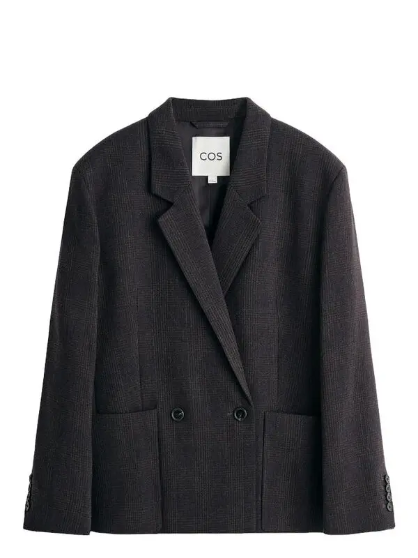 Cos Checked Double-breasted Blazer - Brown