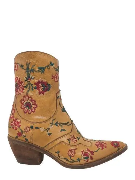 MADISON MAISON Leather Embroidered Ankle Boots - Tan