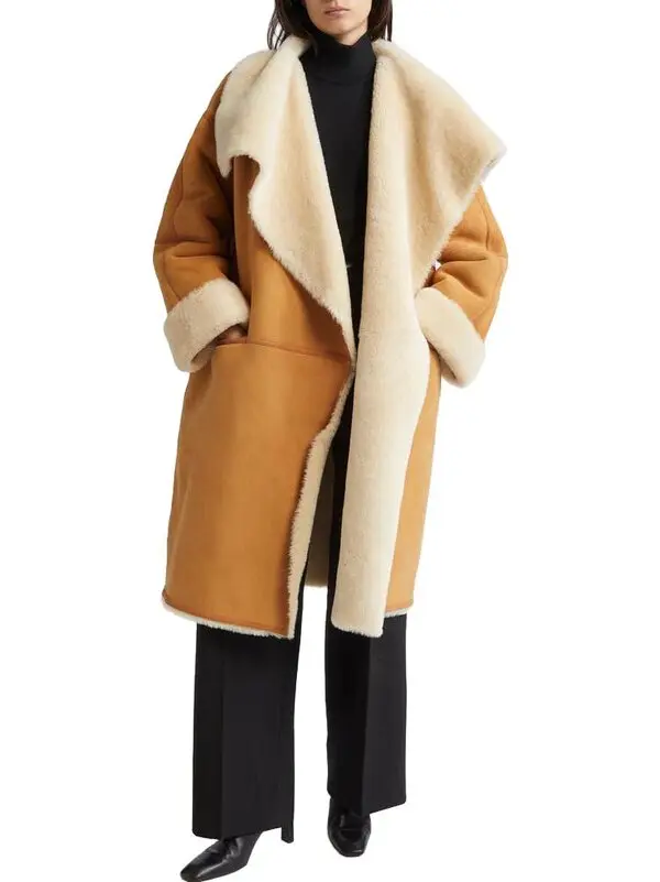 TOTÊME Draped Genuine Shearling Coat - Tan