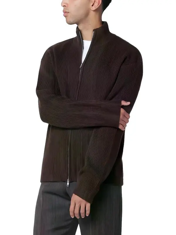 Soft Goat Zipped Ribbed Cardigan - Brown