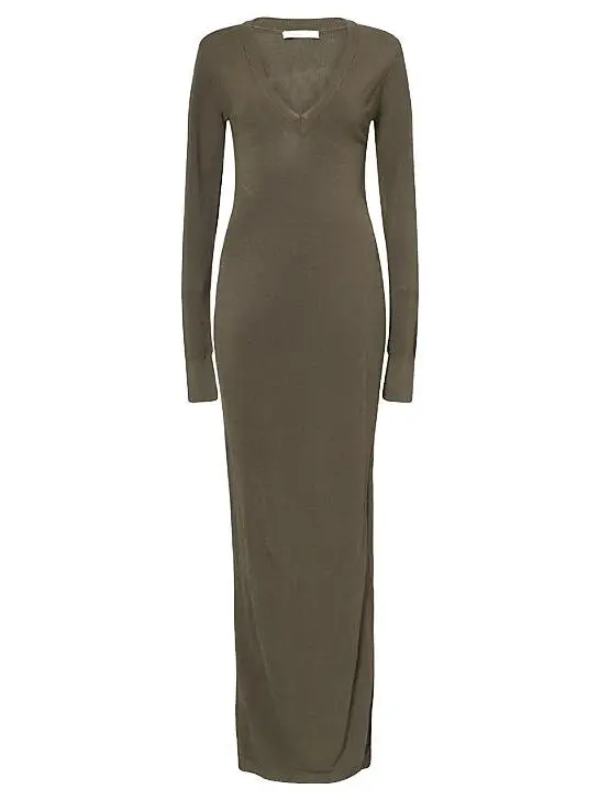 ENTIRE STUDIOS Long-sleeve V-neck Knitted Midi Dress - Moss