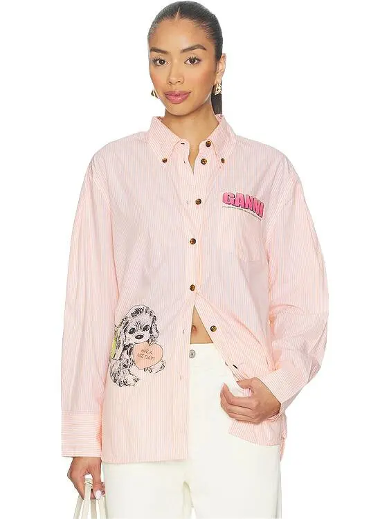 GANNI Stripe Cotton Oversized Shirt - Peach Parfait