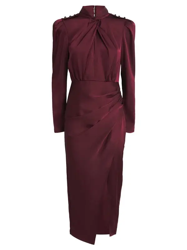 SELF-PORTRAIT Satin Draped Midi Dress - Red