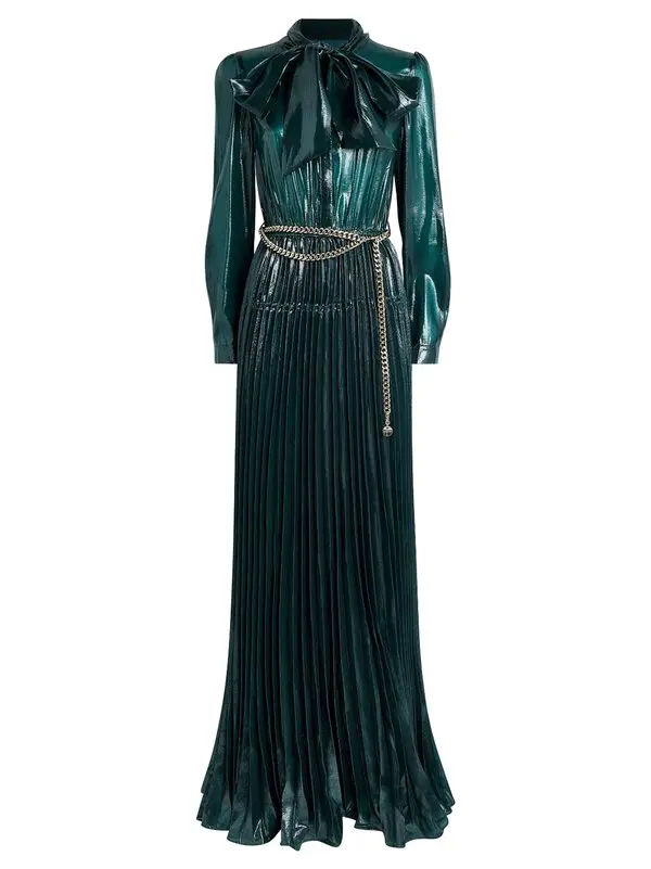SELF-PORTRAIT Metallic Pussybow Maxi Dress - Green