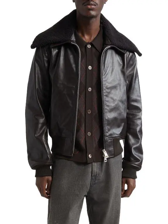 Our Legacy Pharos Leather Bomber Jacket With Shearling Collar - Umber Brown Fluid Calfskin