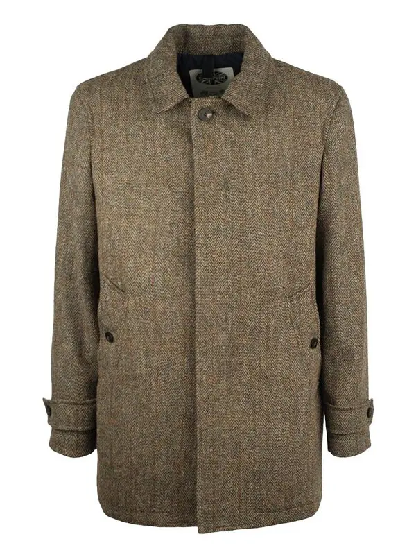 CAMPLIN Herringbone Tweed Virgin Wool Coat - Brown