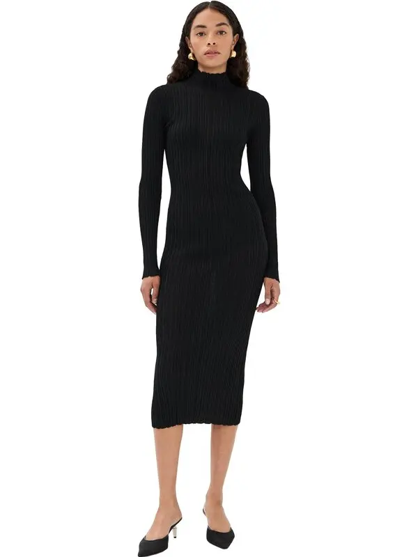 Rosetta Getty Plissé Turtleneck Midi Dress - Black