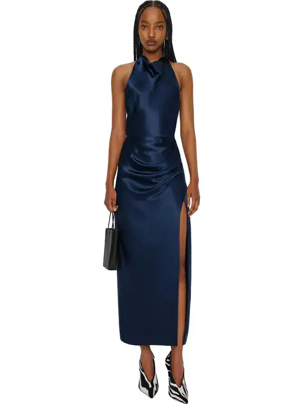 blue silk dress reformation Women's Navy Blue Smocked Tiered Short Puff Sleeve Maxi Dress main image 1