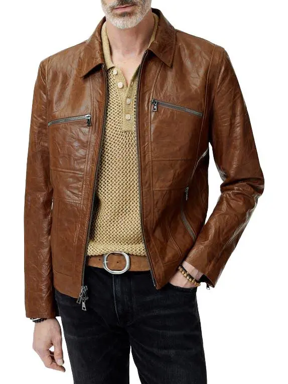 John Varvatos Crinkled Leather Jacket - Hazelnut