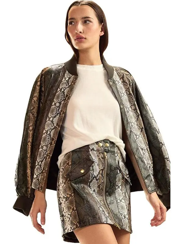Cynthia Rowley Snake-embossed Vegan Leather Bomber Jacket - Stripe