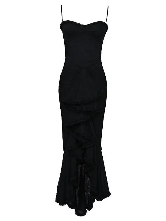 House Of Cb Ruffle-trim Stretch-woven Maxi Dress - Black
