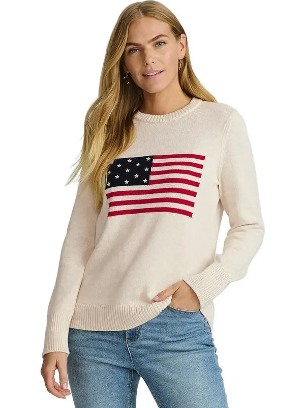 LANDS' END Cotton Drifter Crew Neck Embroidered Sweater - Oatmeal Heather Flag