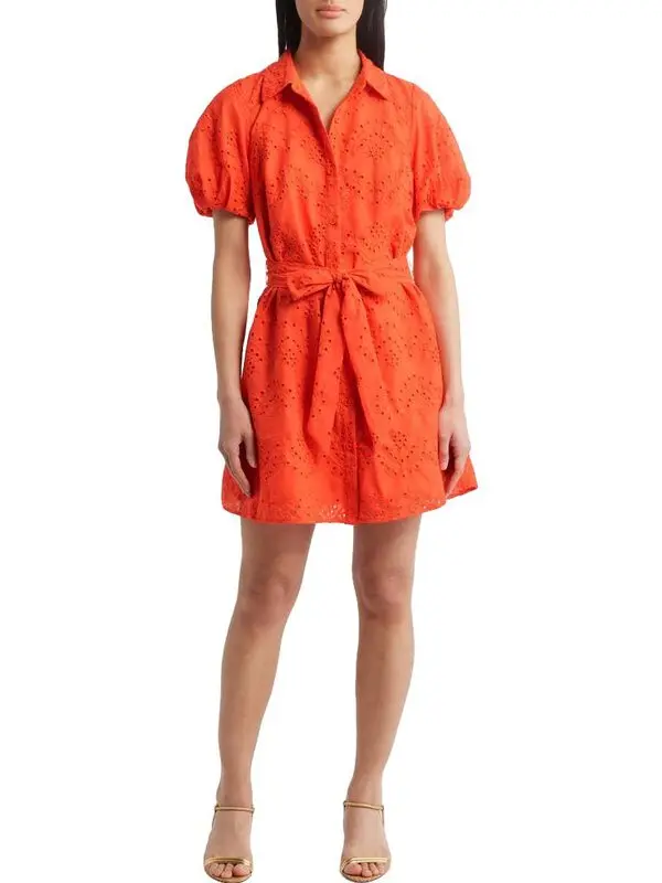 Sam Edelman Eyelet Shirtdress With Puff Sleeves - Red Coral
