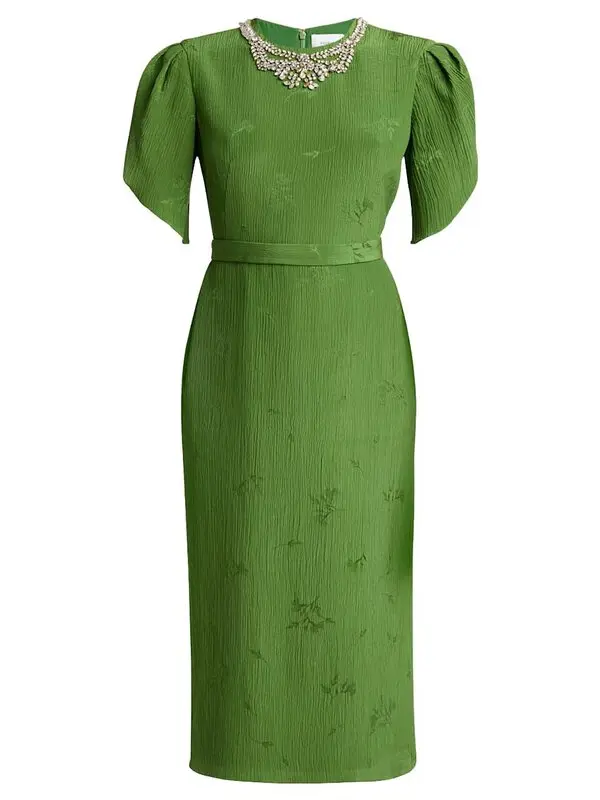 Erdem Crystal Necklace Floral Embroidered Cocktail Dress - Leaf Green