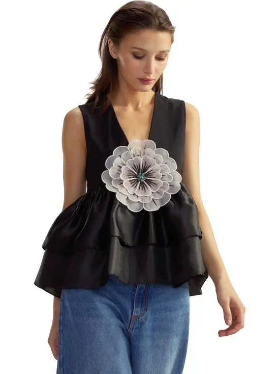 Cynthia Rowley Daphne Organza Top - Black Multi