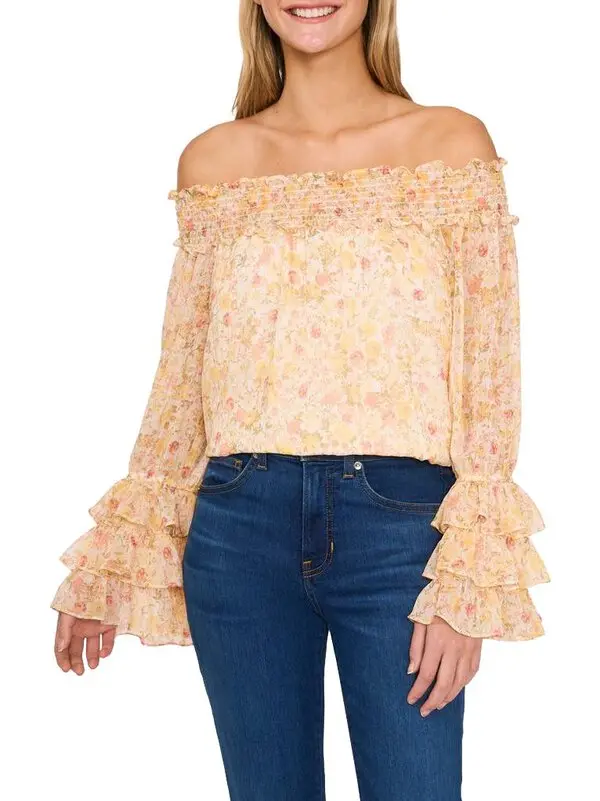 CECE DUPRAZ Floral Off-the-shoulder Ruffle Blouse - New Ivory