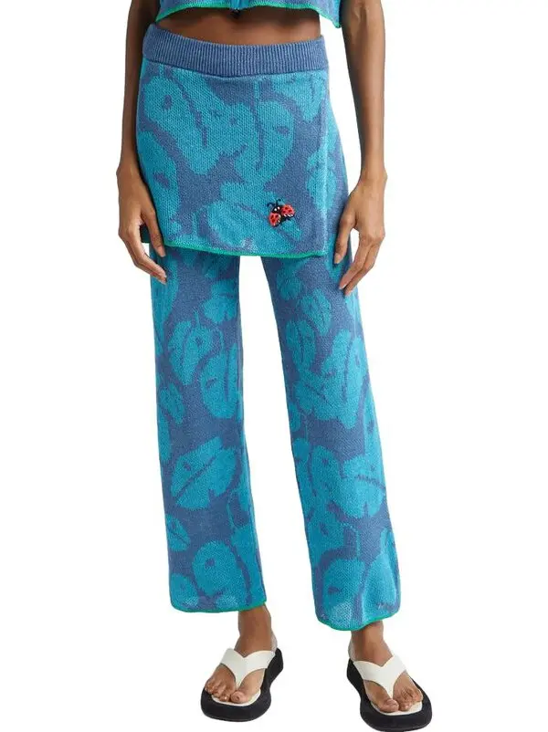 YANYAN Monstera Jacquard Linen Skirt-pants - Blue