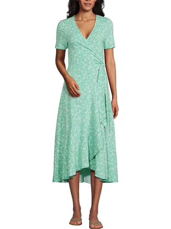 LANDS' END Cotton Modal V-neck Wrap Midi Dress - Frosted Green Flower Patch