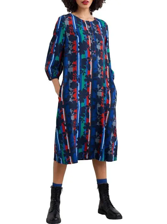 SEASALT CORNWALL Sea Call Floral Stripe Linen-blend Midi Dress - Camellia Stripe Ink