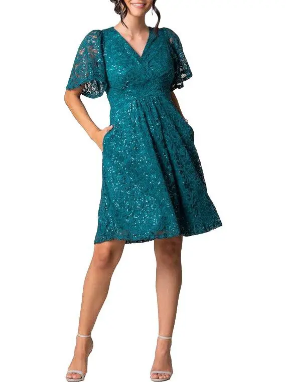 KIYONNA Starry Sequin Lace Cocktail Dress - Teal Topaz
