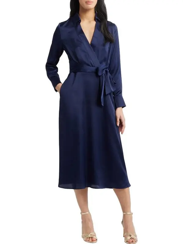 TAHARI ASL Long Sleeve Hammered Satin Shirtdress - Spring Navy