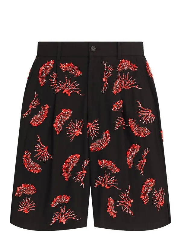 Dolce & Gabbana Cotton Twill Shorts With Coral Embroidery - Black
