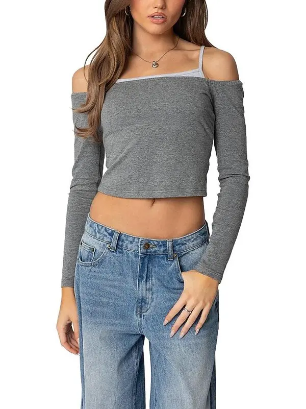 EDIKTED Off Shoulder Layered Top - Gray Melange