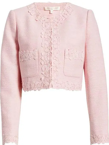 LoveShackFancy Leilana Lace Accent Crop Jacket - Strawberry Spritz
