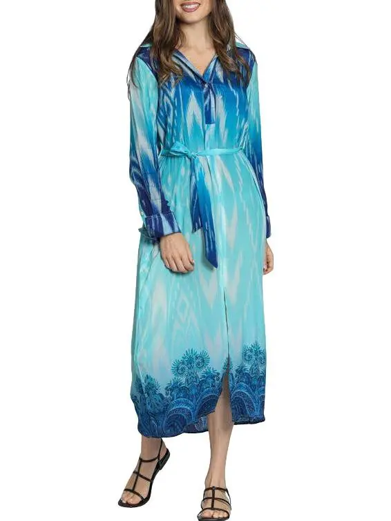APNY Mix Print Long Sleeve Shirt Dress - Turquoise/blue Multi