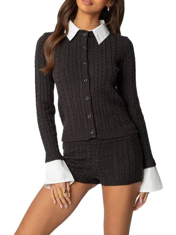 EDIKTED Avey Cable Knit Cardigan With Removable Cuffs And Collar - Dark-gray