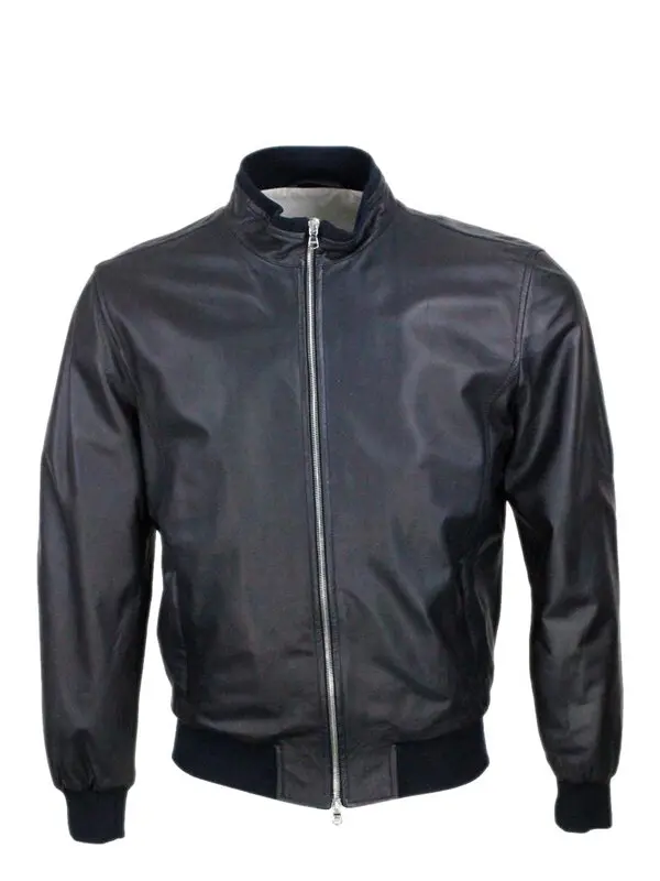 BARBA NAPOLI Leather Bomber Jacket - Blue