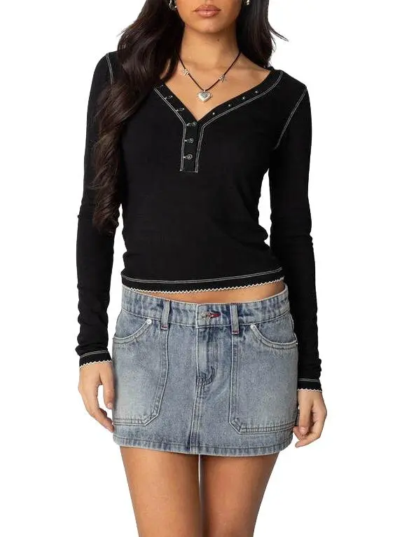 EDIKTED Yael Contrast Stitch Henley - Black