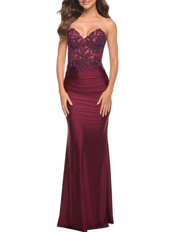 LABOMME Strapless Jeweled Lace Jersey Gown - Dark Berry