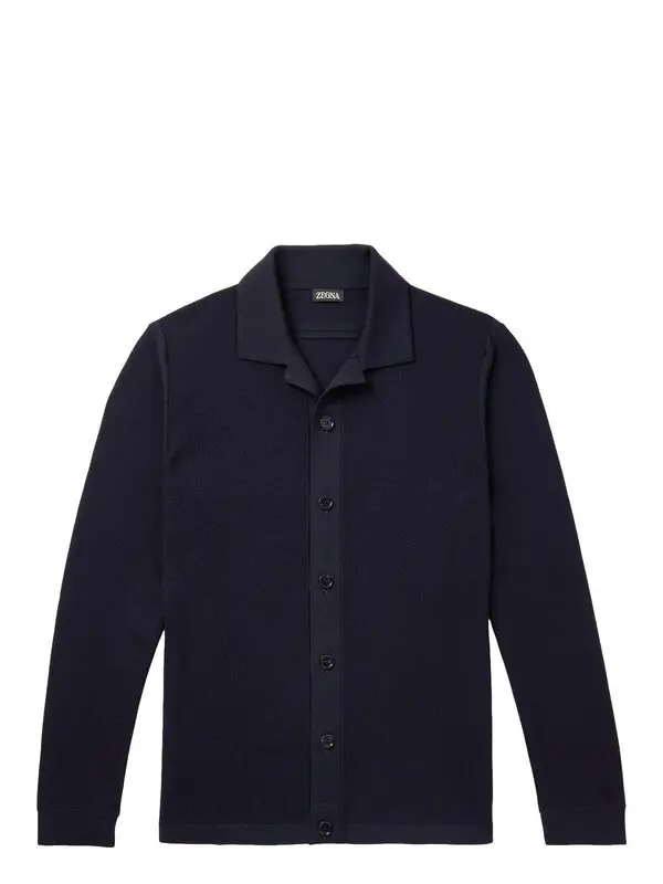 Zegna Camp-collar Wool-piqué Cardigan - Blue