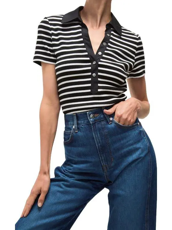 Veronica Beard Kearney Stripe Stretch Cotton Polo - White Black