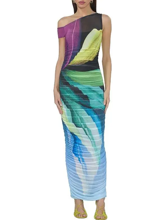 AFRM Biona One-shoulder Ruched Mesh Maxi Dress - Black Lotus