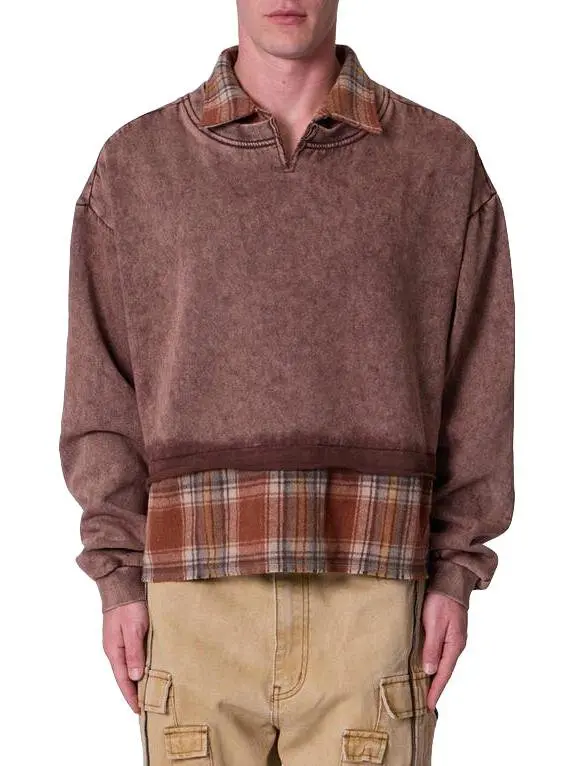 Mnml Plaid Flannel Layered Look Crewneck Sweatshirt - Brown