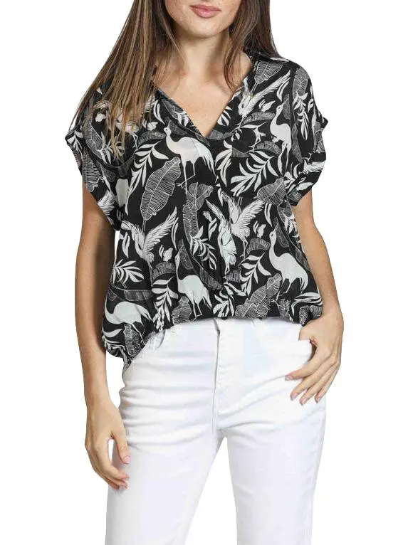 APNY Print Wrap Front High-low Cotton Top - Black/ White