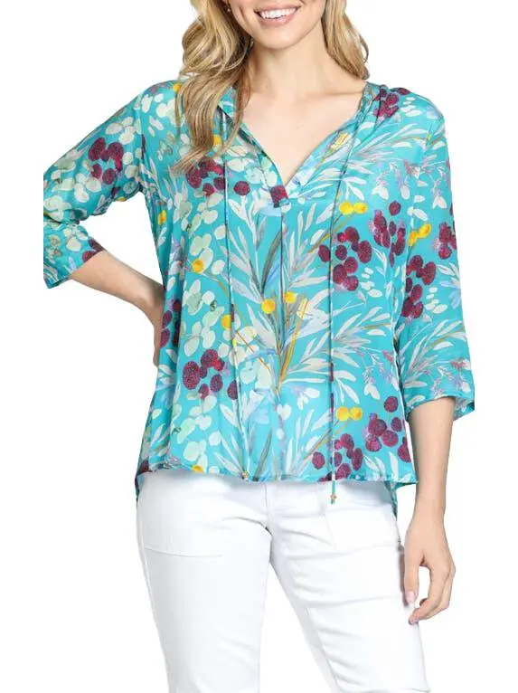 APNY Print Tassel Split Neck Chiffon Top - Blue Multi
