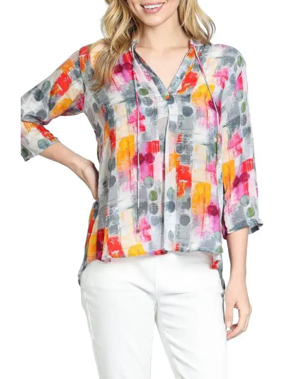 APNY Print Tassel Split Neck Chiffon Top - Grey/ Pink Multi