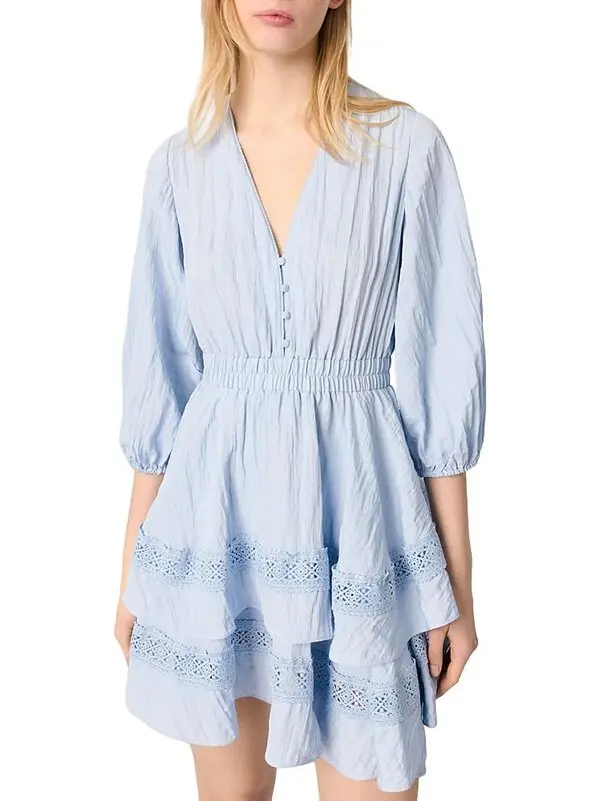 Maje Dress With Ruffles And Lace Details - Blue Sky