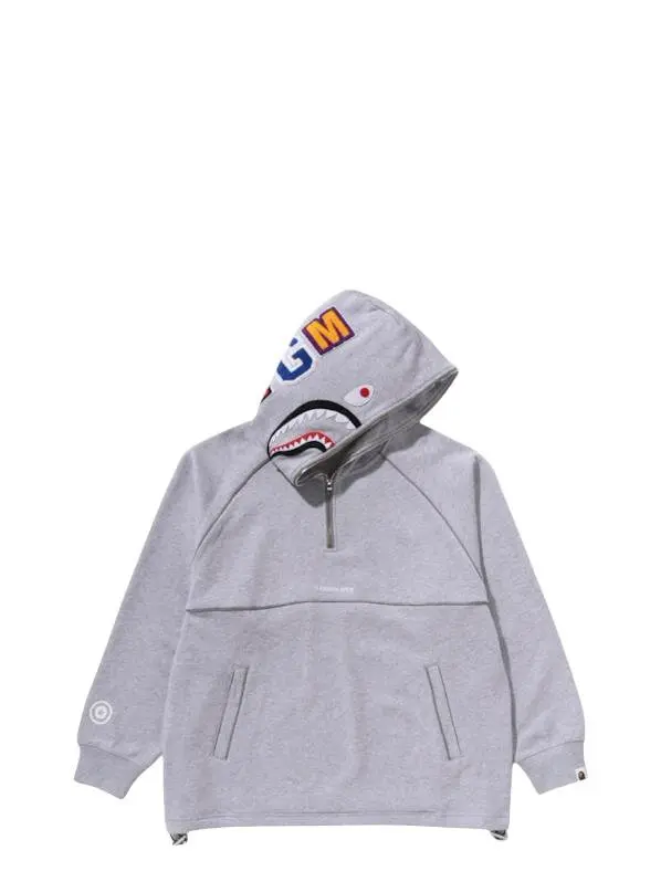 BAPE Shark Logo Half Zip Pullover Hoodie - Grey