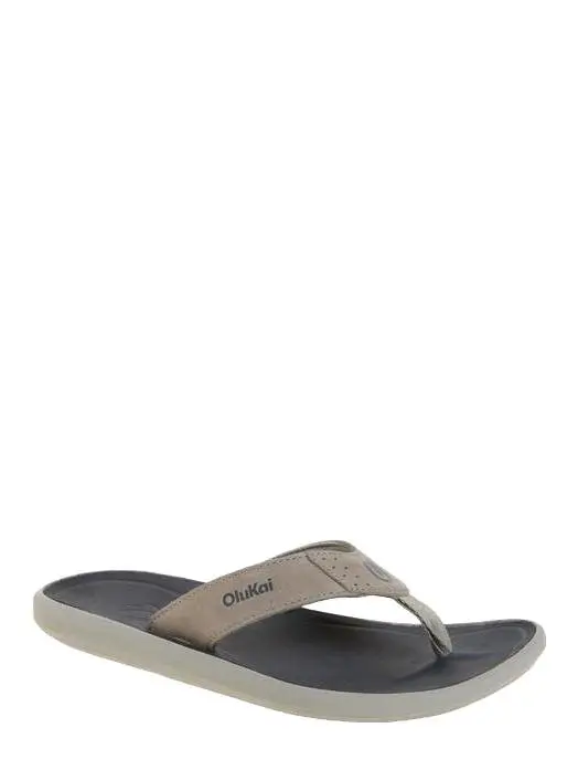 Olukai Pili Leather Flip Flops - Ash / Mood Indigo