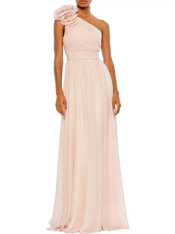 Mac Duggal Polka Dot One Shoulder Gown - Porcelain