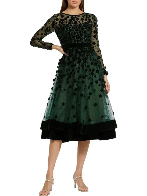 Mac Duggal Embellished Illusion High Neck Fit & Flare Tea-length Cocktail Dress - Emerald