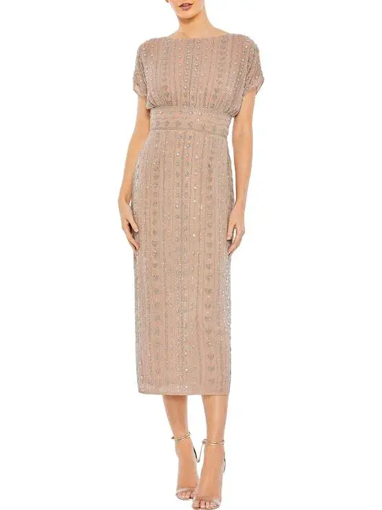 Mac Duggal Beaded Cap Sleeve Column Midi Dress - Dark Mocha