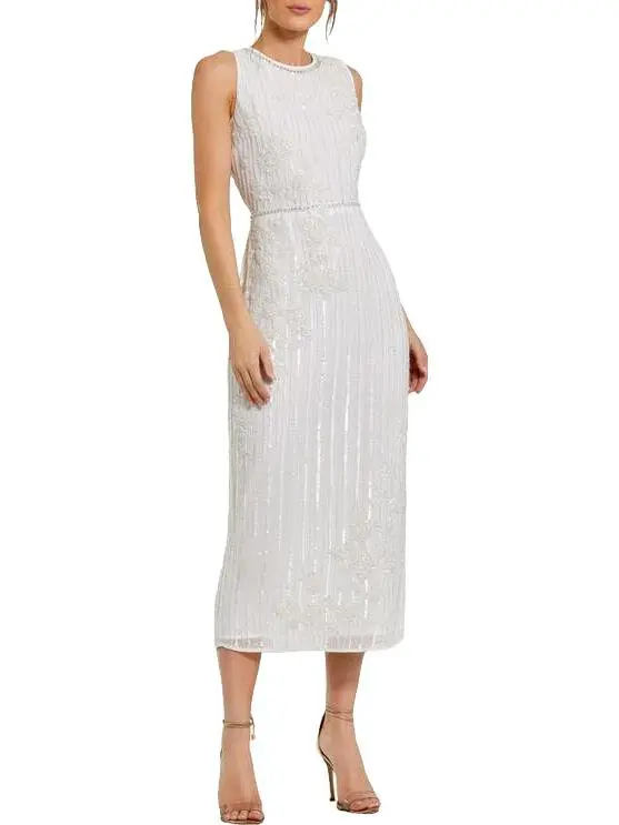 Mac Duggal Striped Floral Embellished Midi Dress - White