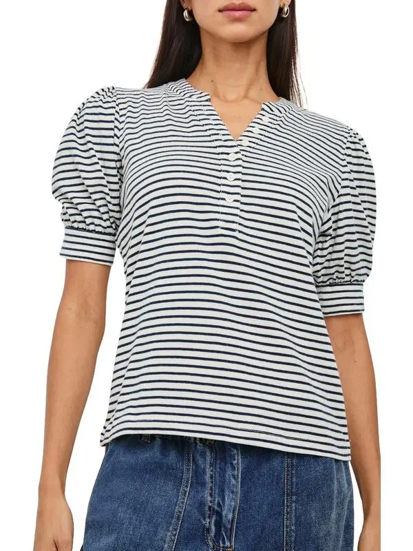 Rails Jewel Puff Sleeve Henley - Ivory Navy Micro Stripe