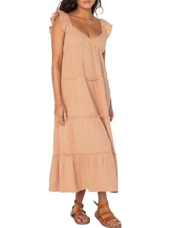 Roxy Palmy Days Tiered Cotton Midi Dress - Praline Solid Stamp