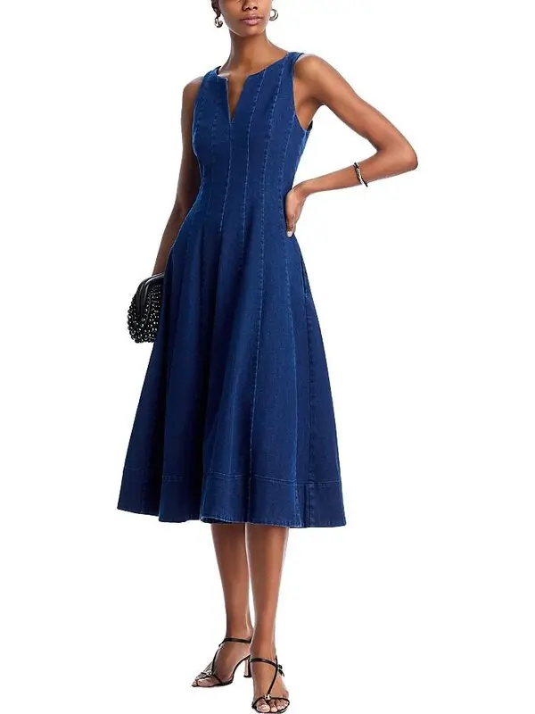 Aqua Denim Panel V-neck Midi Dress - Dark Wash